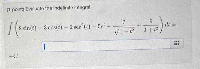 Solved (1 point) Evaluate the indefinite integral. | Chegg.com