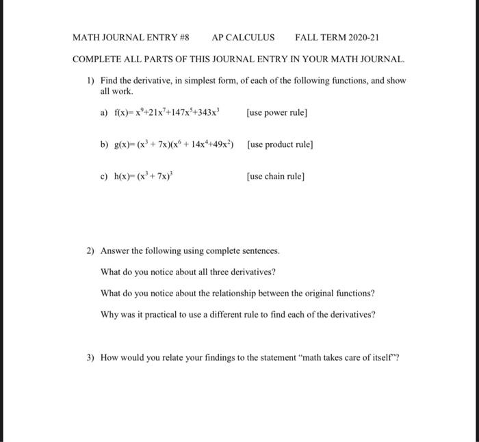 Solved MATH JOURNAL ENTRY #8 AP CALCULUS FALL TERM 2020-21 | Chegg.com