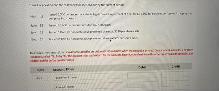 Solved Crane Corporation had the following transactions | Chegg.com Solved Crane Corporation had the following transactions | Chegg.com