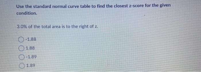 Solved Use the standard normal curve table to find the | Chegg.com