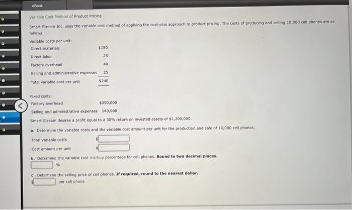 Solved Varinble Cost Method of Product Pricing Smart Stream | Chegg.com
