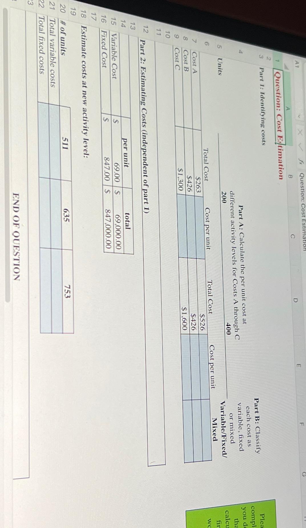 Solved A1ACDEF1Question: Cost EstimationPart 1: Identifying | Chegg.com