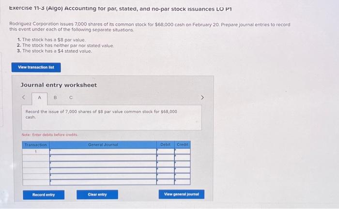 Solved Exercise 11-3 (Algo) Accounting tor par, stated, and | Chegg.com