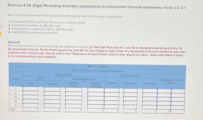 Solved Exercise 4-4A (Algo) Recording inventory transactions | Chegg.com