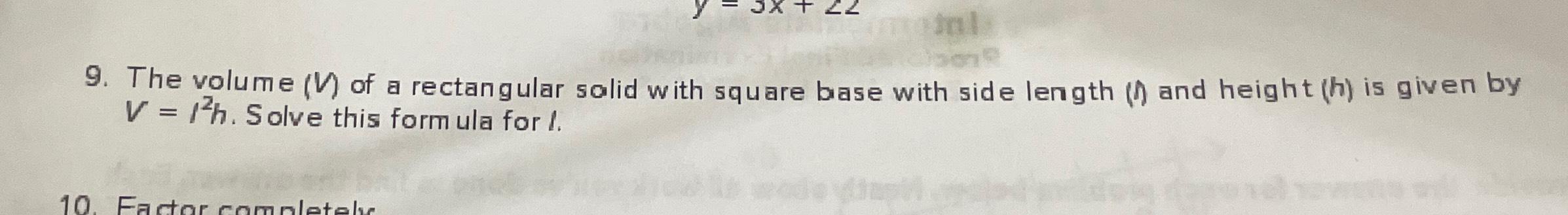 Solved The volume (h) ﻿of a rectangular solid with square | Chegg.com