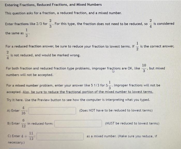 Solved Entering Fractions, Reduced Fractions, and Mixed | Chegg.com
