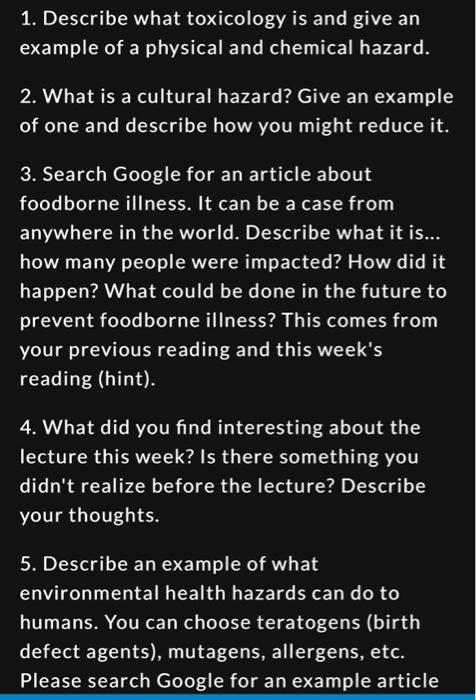 1. Describe what toxicology is and give an example of | Chegg.com