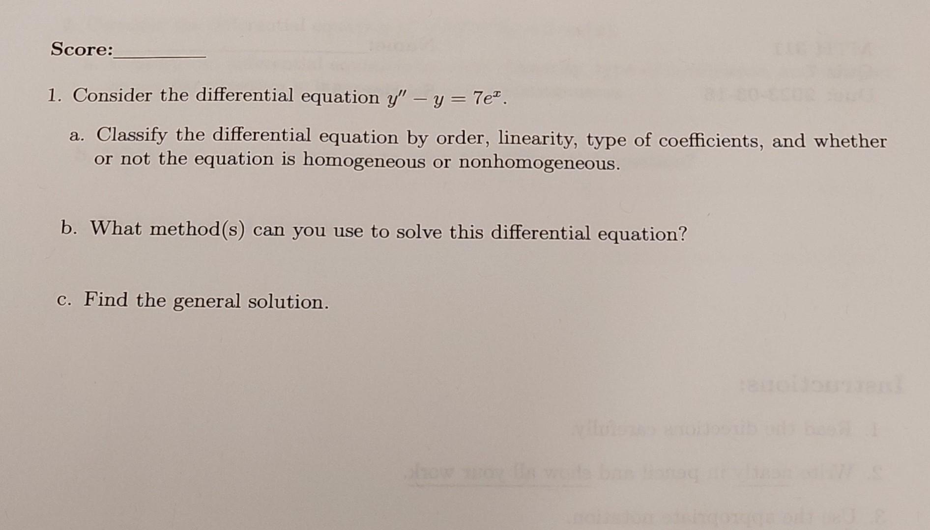 Solved 1. Consider the differential equation y′′−y=7ex. a. | Chegg.com