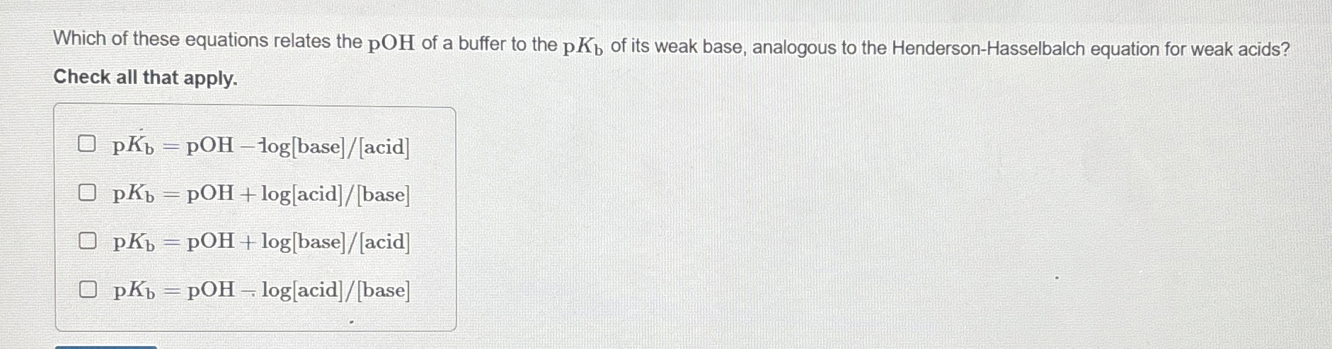 Solved Which of these equations relates the pOH of a buffer | Chegg.com