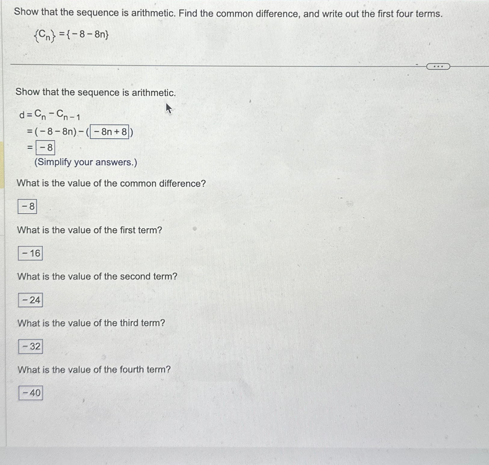 Solved Show that the sequence is arithmetic. Find the common | Chegg.com