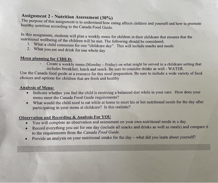 Solved Assignment 2 - Nutrition Assessment (30%) The purpose | Chegg.com