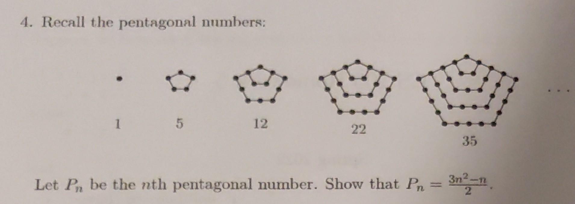 Solved 4. Recall the pentagonal numbers: 1 5 12 22 35 Let P, | Chegg.com