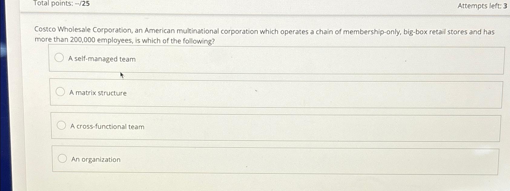 Solved Total points: --25Attempts left: 3Costco Wholesale | Chegg.com