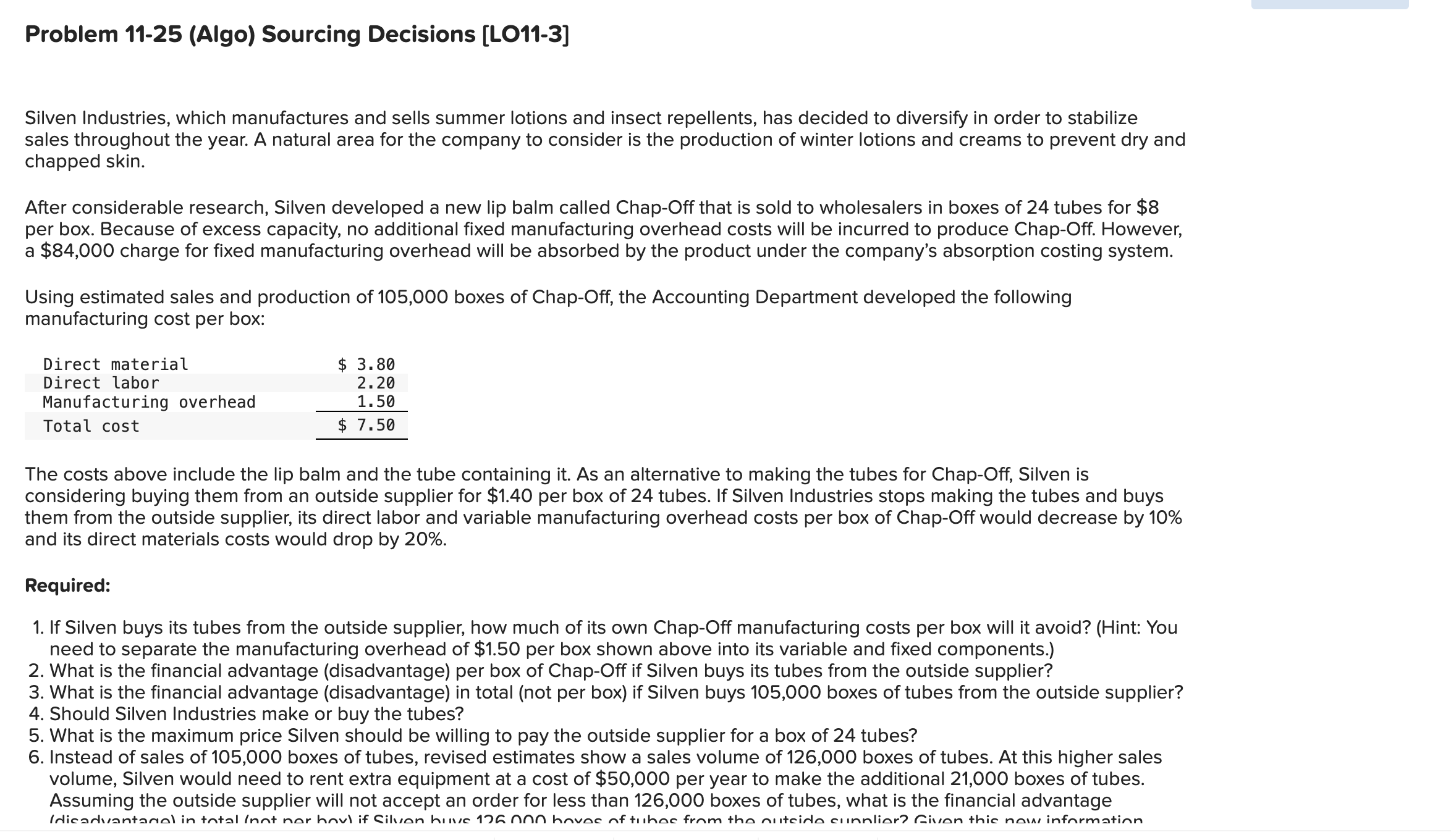 Solved by an EXPERT Problem 11-25 (Algo) ﻿Sourcing Decisions | Chegg.com
