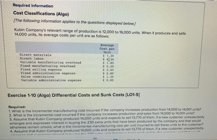 Solved Required information Cost Classifications (Algo) [The | Chegg.com