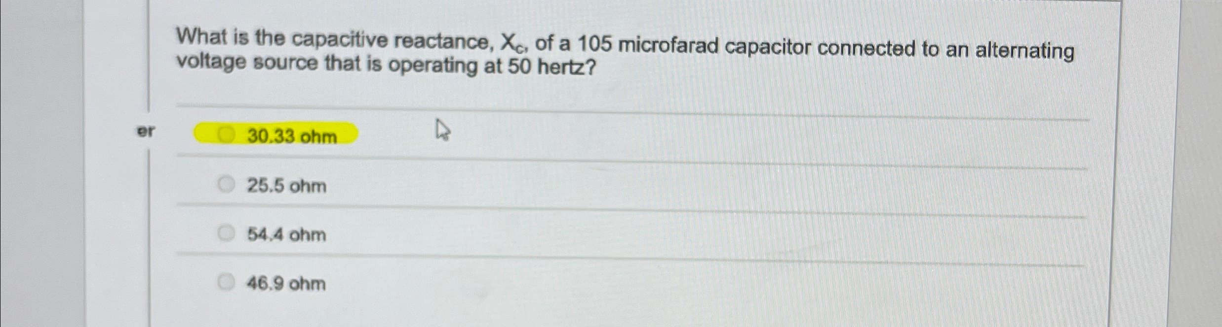 Solved What is the capacitive reactance, xc, ﻿of a 105 | Chegg.com