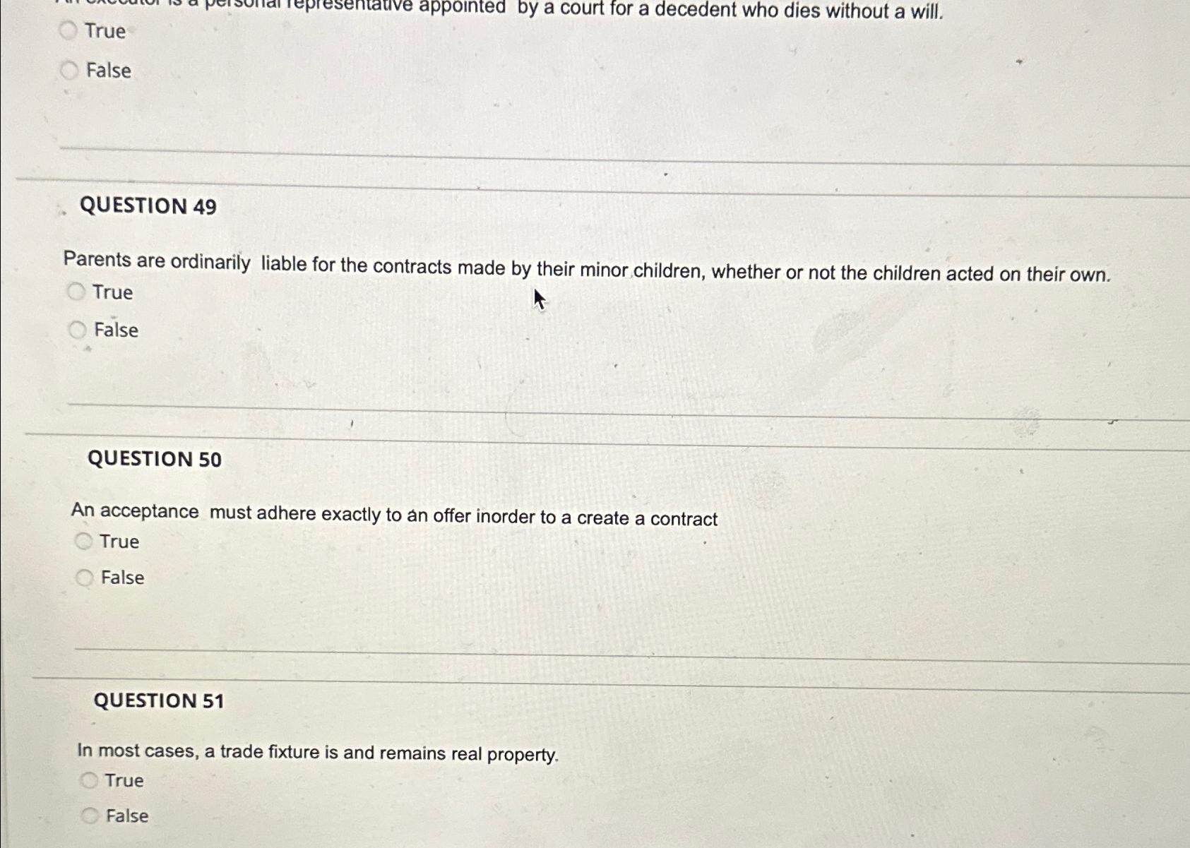 Solved TrueFalseQUESTION 49Parents are ordinarily liable for | Chegg.com