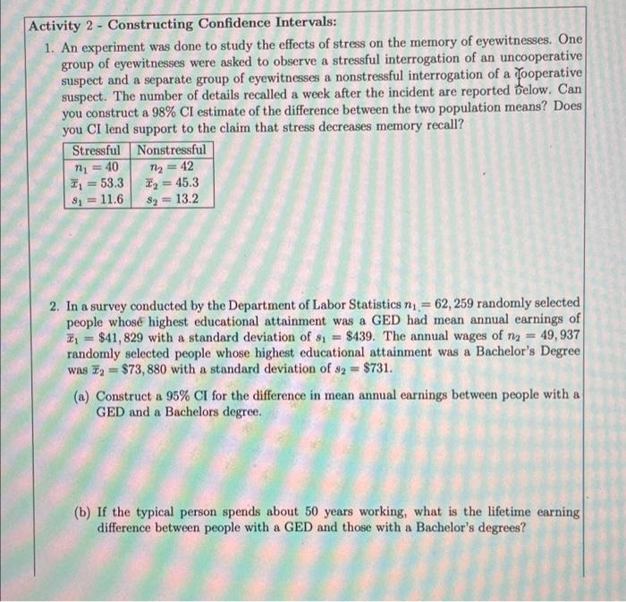 Solved Activity 2 - Constructing Confidence Intervals: 1. An | Chegg.com
