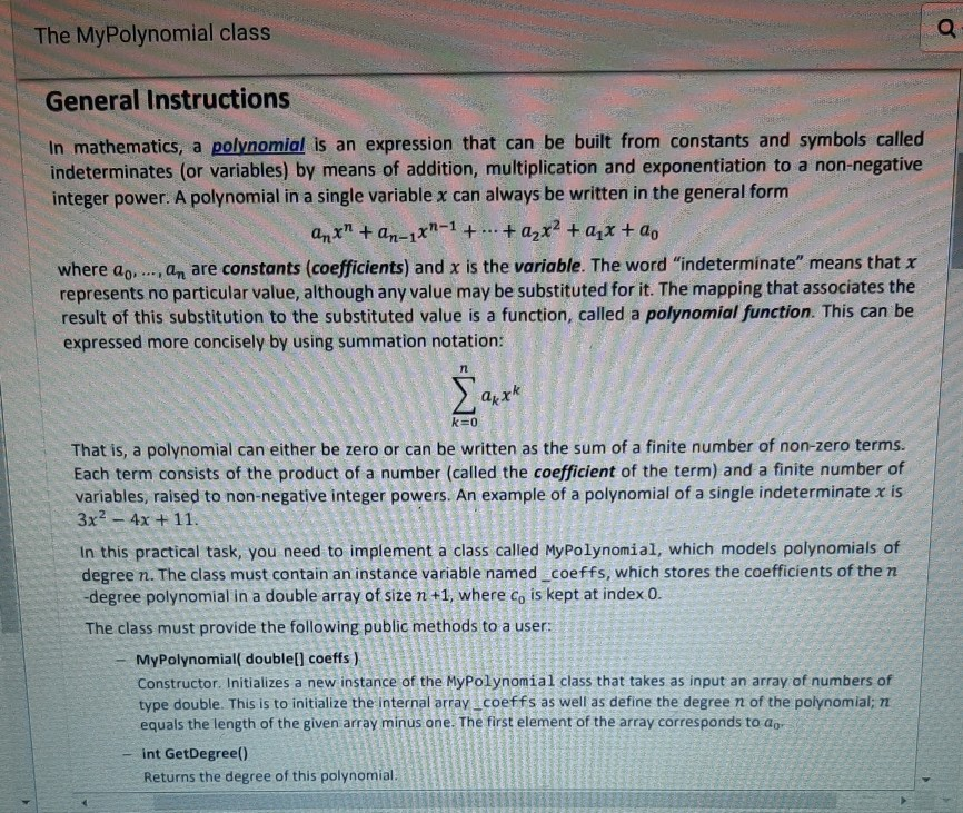 The MyPolynomial class General Instructions In | Chegg.com
