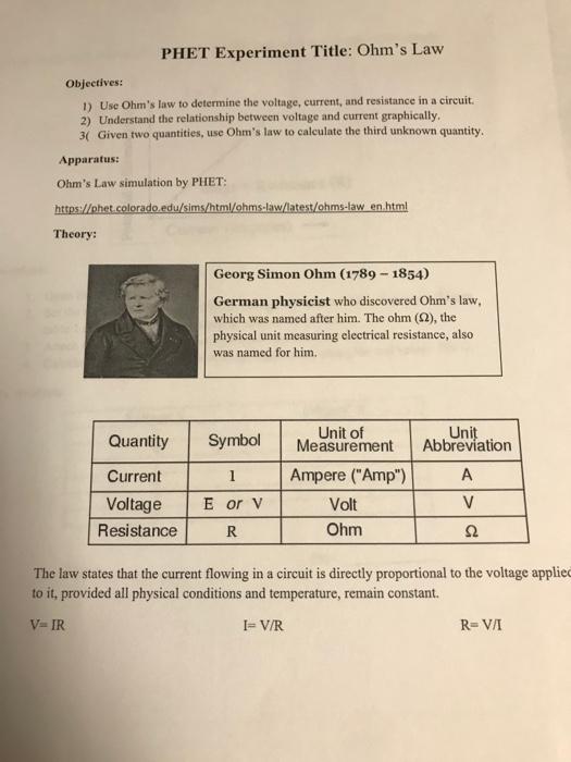 Solved PHET Experiment Title: Ohm's Law Objectives: 1) Use | Chegg.com