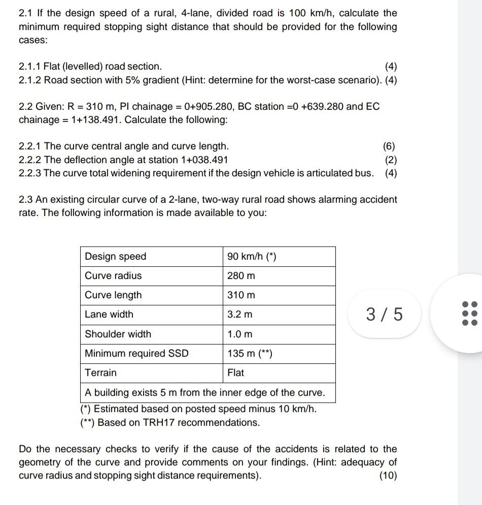 Solved 2.1 If the design speed of a rural, 4-lane, divided | Chegg.com