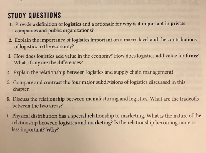 Solved STUDY QUESTIONS 1. Provide a definition of logistics | Chegg.com