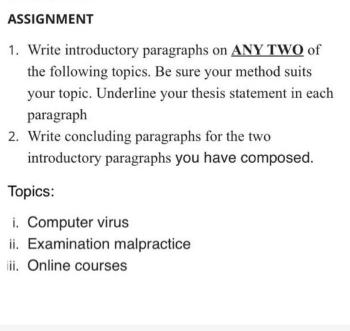 Solved ASSIGNMENT 1. Write introductory paragraphs on ANY | Chegg.com