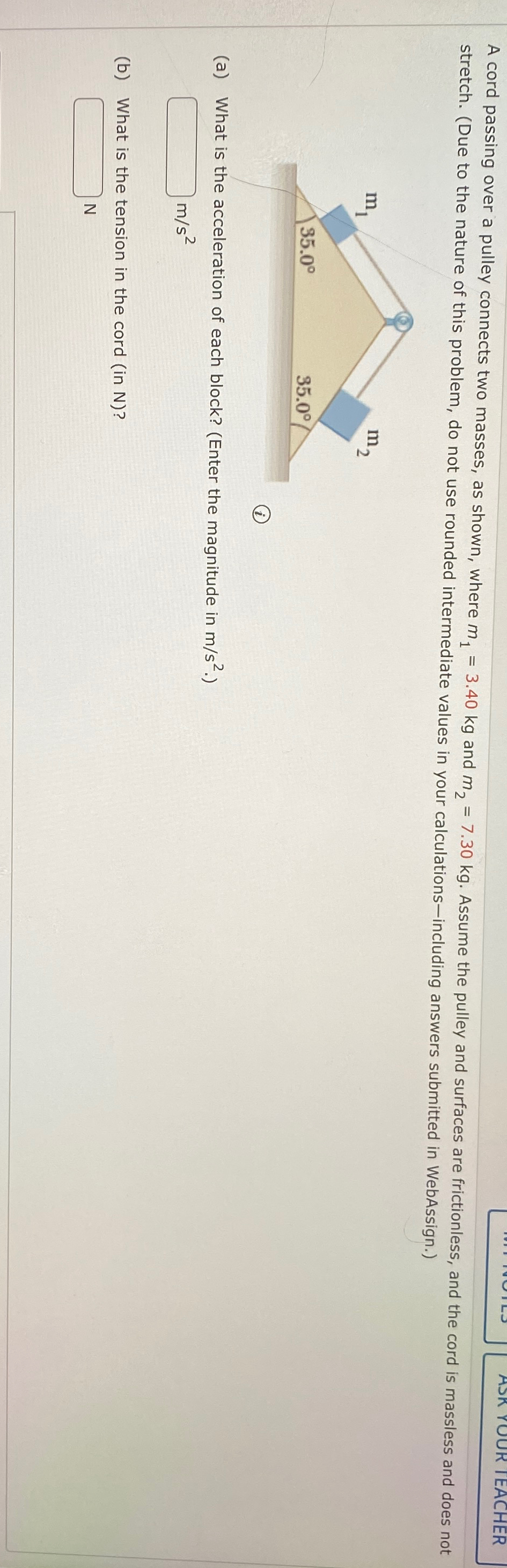 Solved A cord passing over a pulley connects two masses, as | Chegg.com