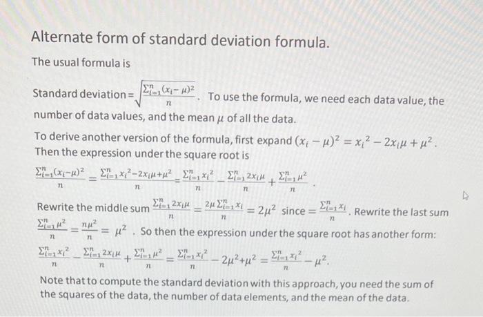 Alternate form of standard deviation formula. The | Chegg.com