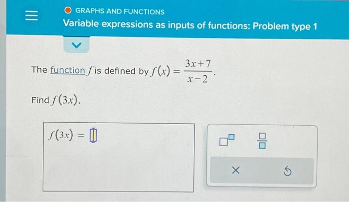 Solved function f is defined by f(x)=x−23x+7. d f(3x). | Chegg.com Solved function f is defined by f(x)=x−23x+7. d f(3x). | Chegg.com