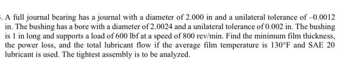 Solved A full journal bearing has a journal with a diameter | Chegg.com