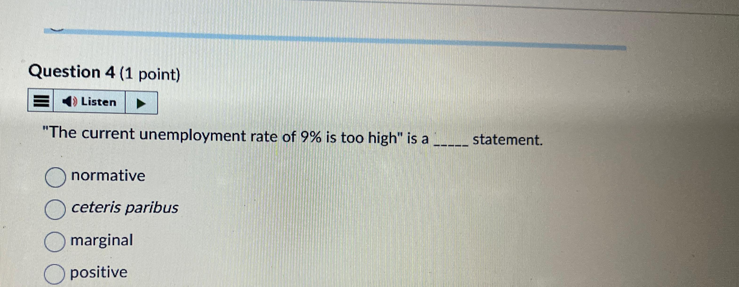 Solved Question 4 (1 ﻿point)Listen"The current unemployment | Chegg.com