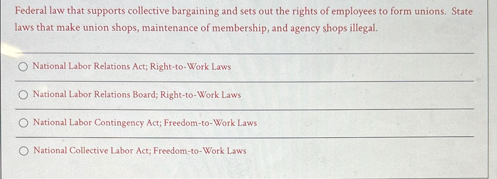 Solved Federal law that supports collective bargaining and | Chegg.com