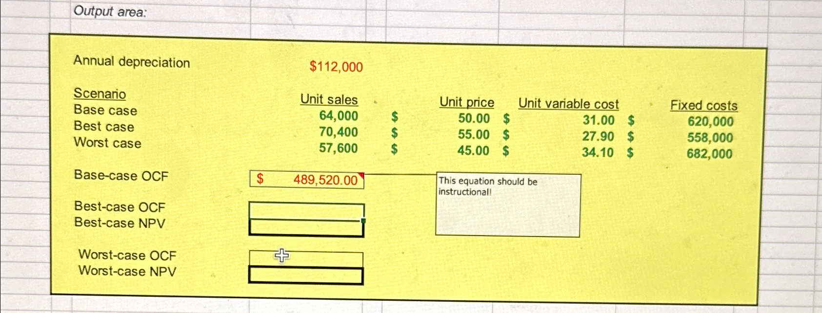 Output area:Annual depreciation$112,000ScenarioBase | Chegg.com