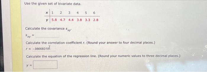 Solved Use the given set of bivariate data. Calculate the | Chegg.com