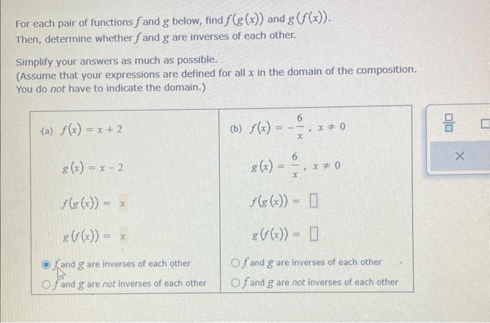 Solved For each pair of functions f and g below, find | Chegg.com