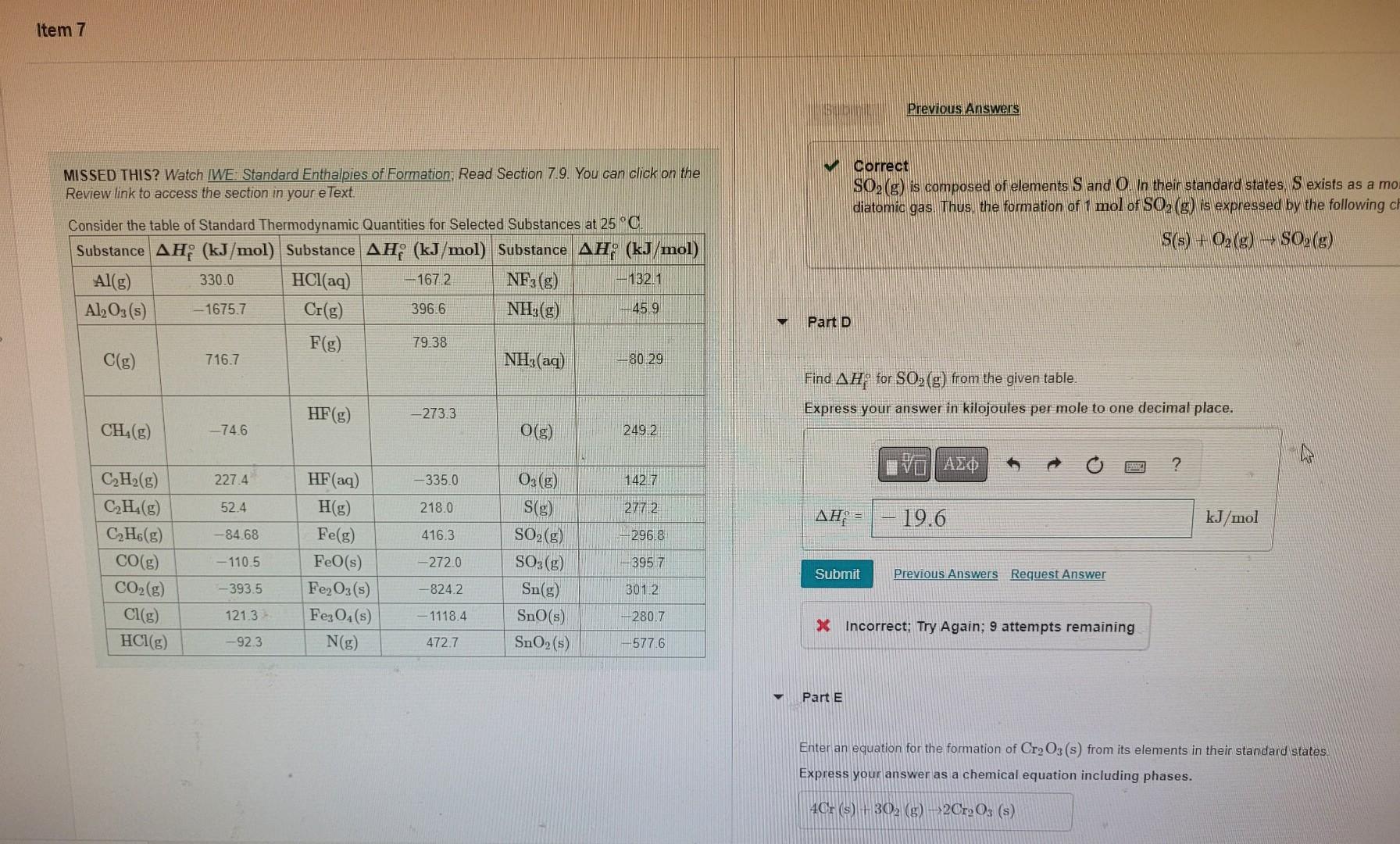 Solved Part F Find ΔHfi for Cr2O3( s) from the given table. | Chegg.com