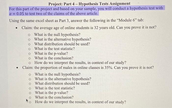 Solved Project: Part 4-Hypothesis Tests Assignment For this | Chegg.com