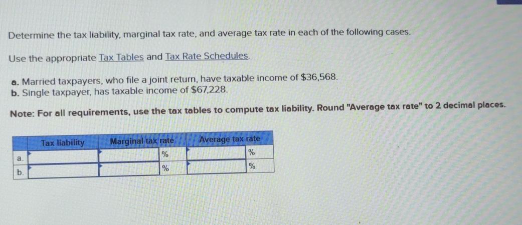 Solved Determine the tax liability, marginal tax rate, and | Chegg.com