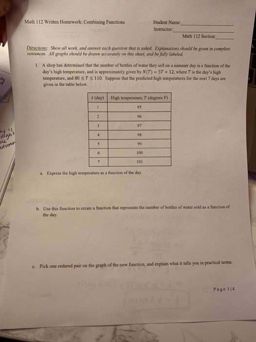Solved Math 112 Written Homework: Combining Functions | Chegg.com