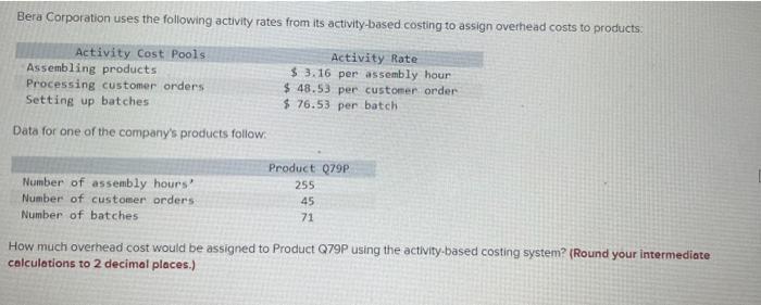Solved Bera Corporation uses the following activity rates | Chegg.com