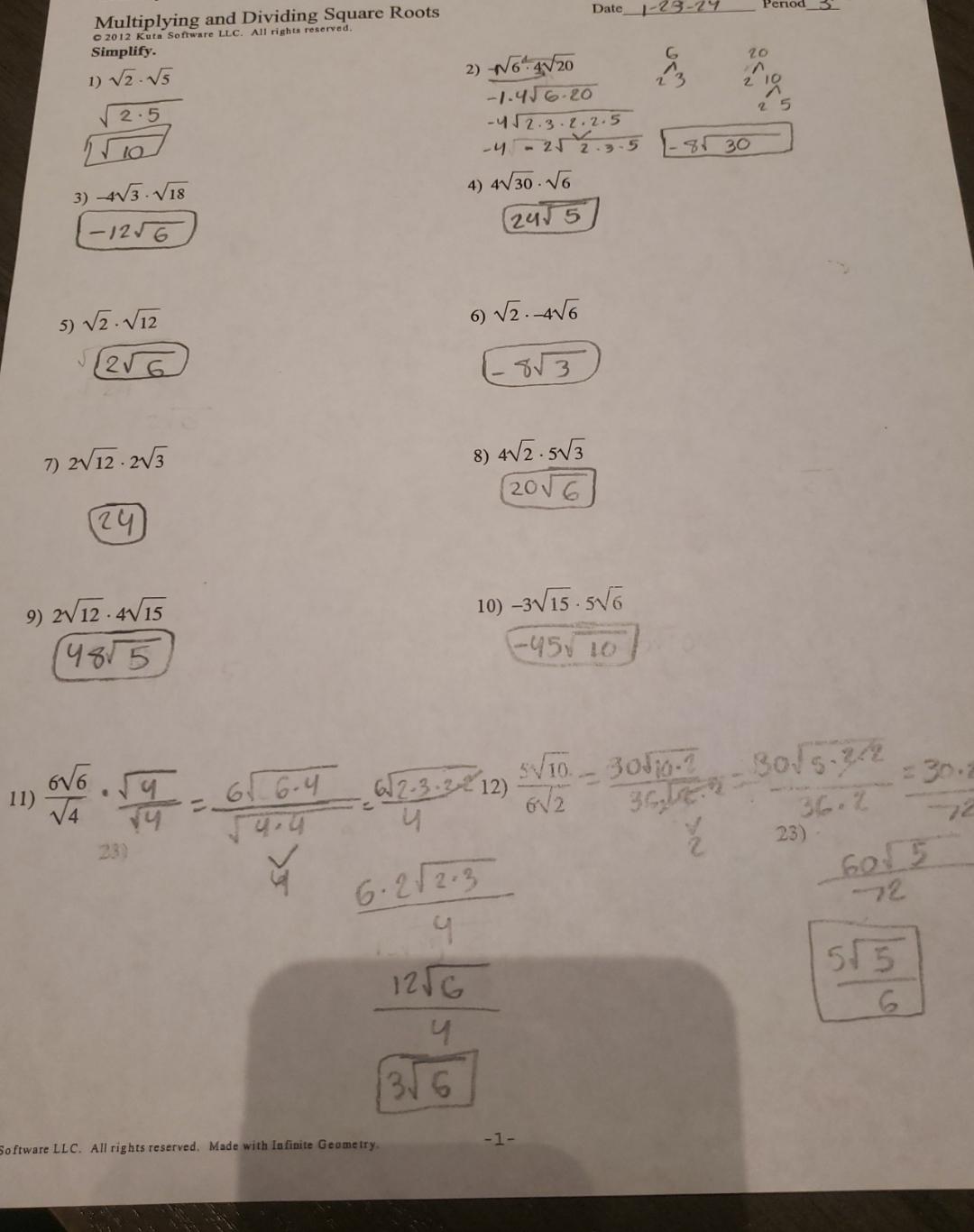 Solved Multiplying and Dividing Square Roots | Chegg.com