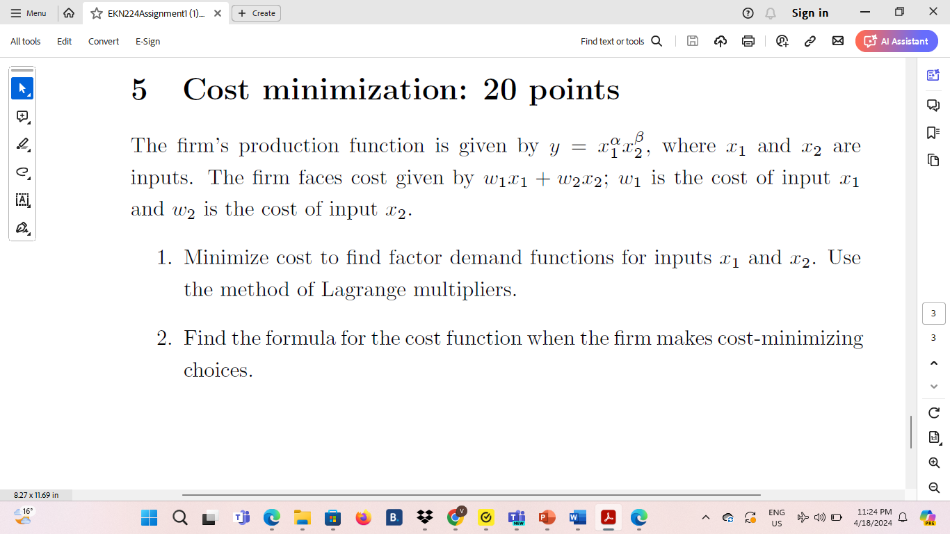 Solved 5 ﻿Cost minimization: The firm's production function | Chegg.com