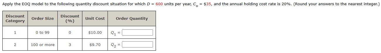 Solved Apply the EOQ model to ﻿the following quantity | Chegg.com