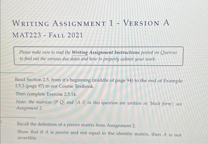 Solved WRITING ASSIGNMENT 1 - VERSION A MAT223 - FALL 2021 | Chegg.com