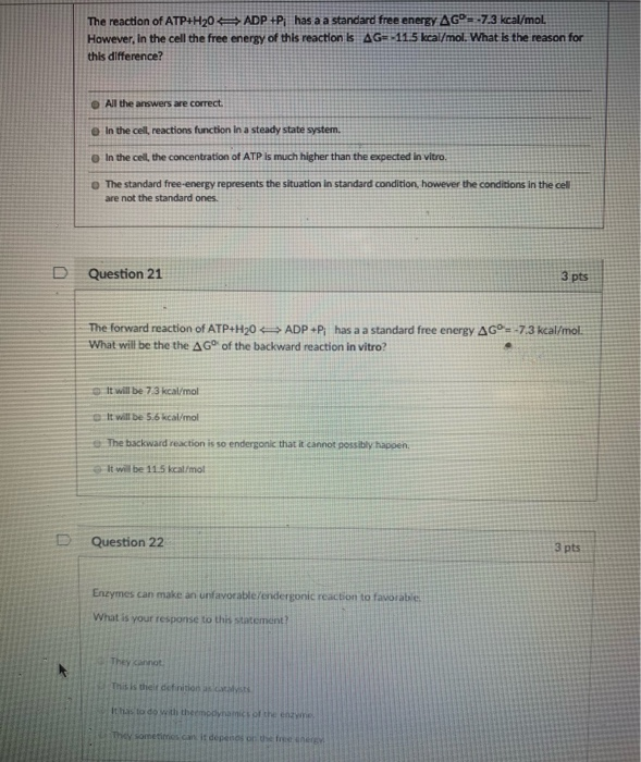 Solved The reaction of ATP+H20 ADP +P has a a standard free | Chegg.com