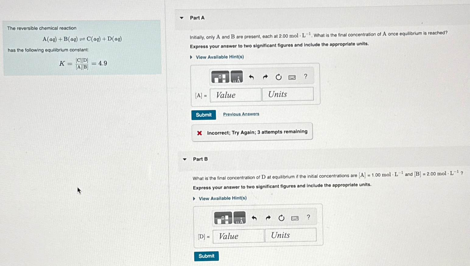 Solved Part AThe reversible chemical | Chegg.com