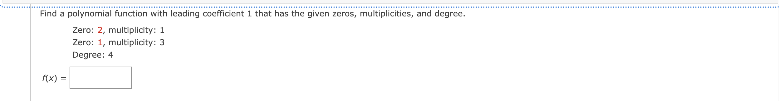 Solved Find a polynomial function with leading coefficient 1 | Chegg.com