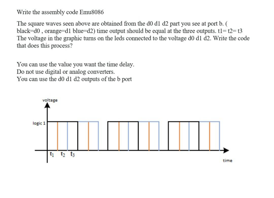 Write the assembly code Emu8086 The square waves seen | Chegg.com