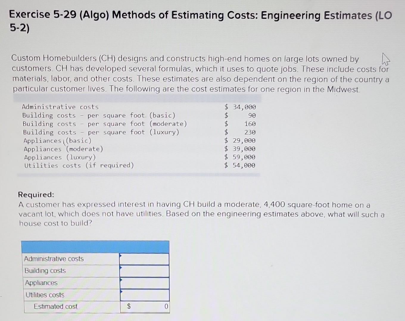 Solved Exercise 5-29 (Algo) Methods of Estimating Costs: | Chegg.com